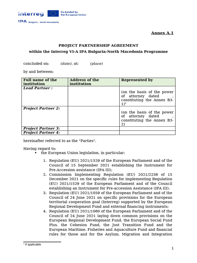 Annex A1 Project Partnership Agreement | PDF | European Union | European Parliament