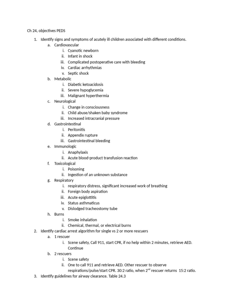 2nd Semester CH 24 PEDS Objectives | PDF | Shock (Circulatory) | Medical Specialties