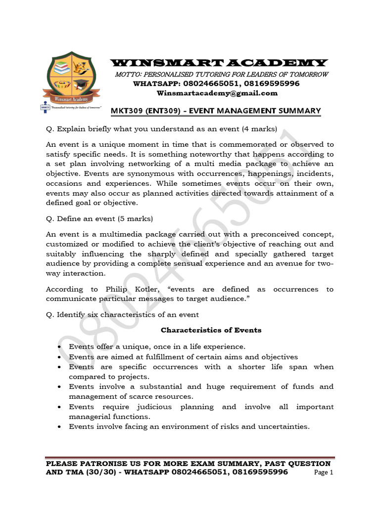 MKT309 (Ent309) Event Management Summary 08024665051 | PDF | Taxes ...