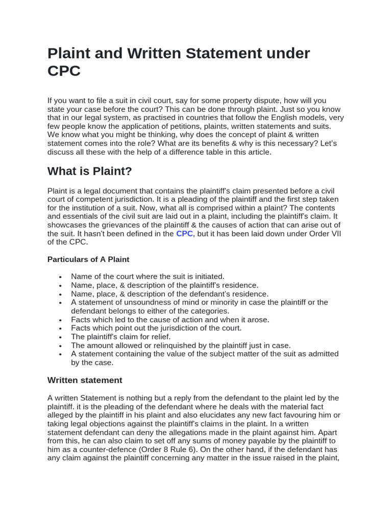 Plaint and Written Statement Under CPCOct 2022 | PDF | Lawsuit | Pleading