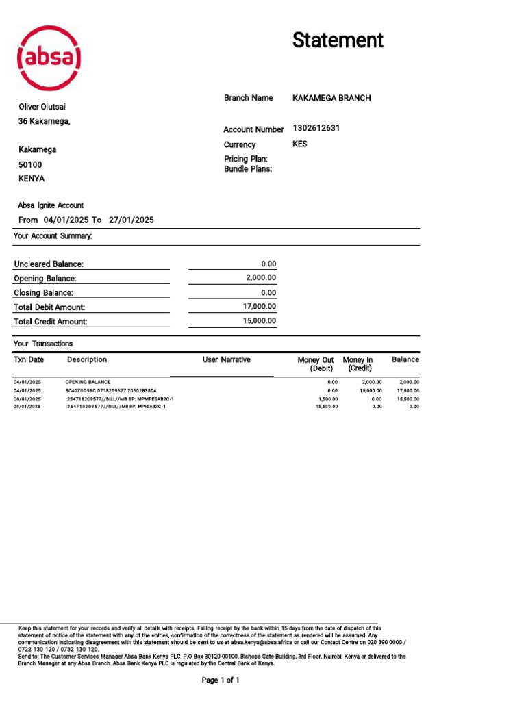 OLIVER OLUTSAI ABSA | PDF | Debits And Credits | Receipt