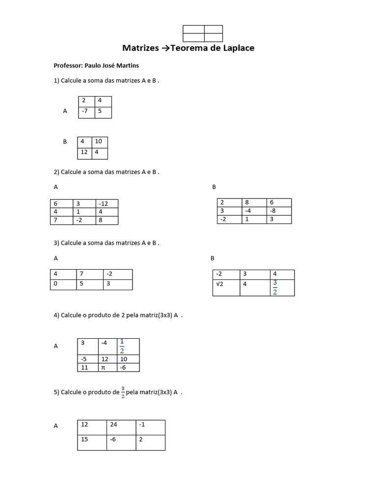Operações com Matrizes: Soma e Produto | PDF | Determinante | Teoria da ...