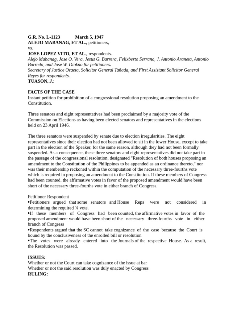 Mabanag v. Lopez Vito L 1223 March 5 1947 78 Phil. 1 1947 | PDF ...