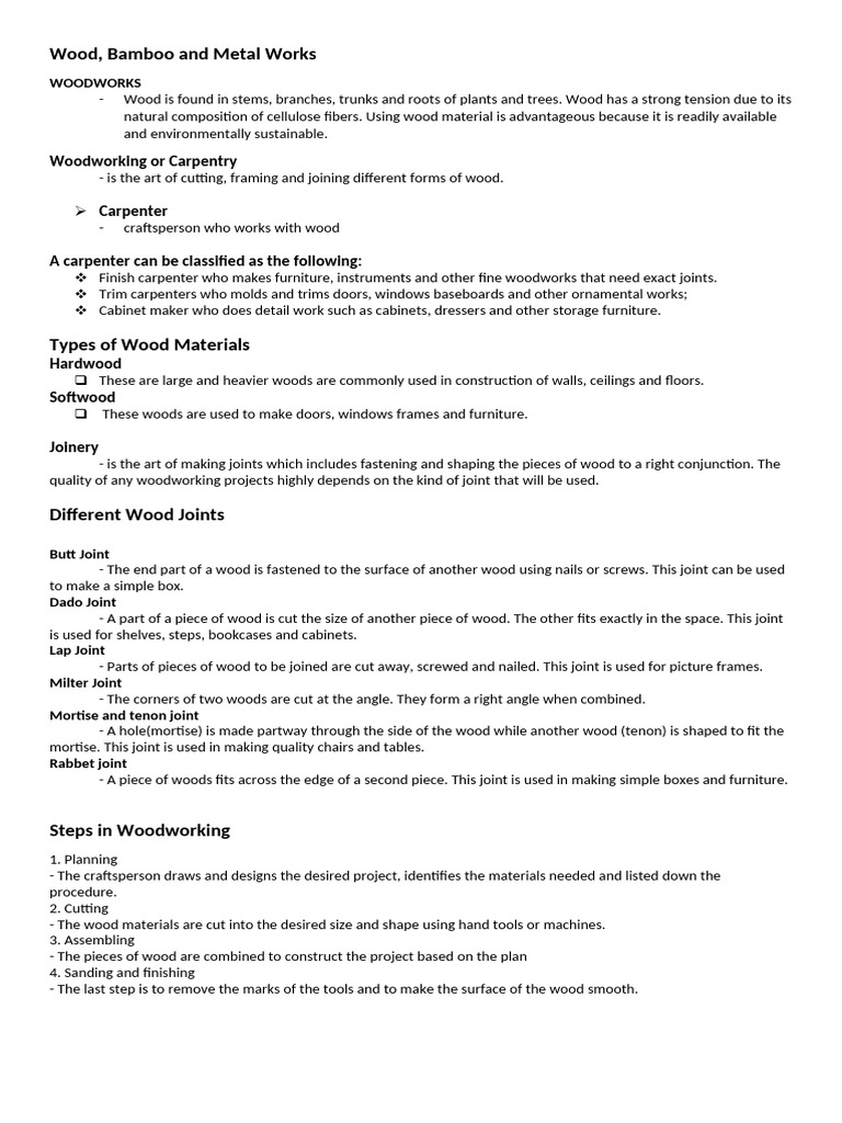 Wood, Bamboo and Metal Works - Lecture | PDF | Woodworking | Carpentry