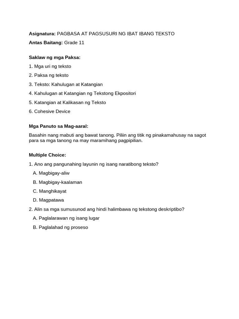 Summative - Test - PAGBASA AT PAGSUSURI NG IBAT IBANG TEKSTO | PDF