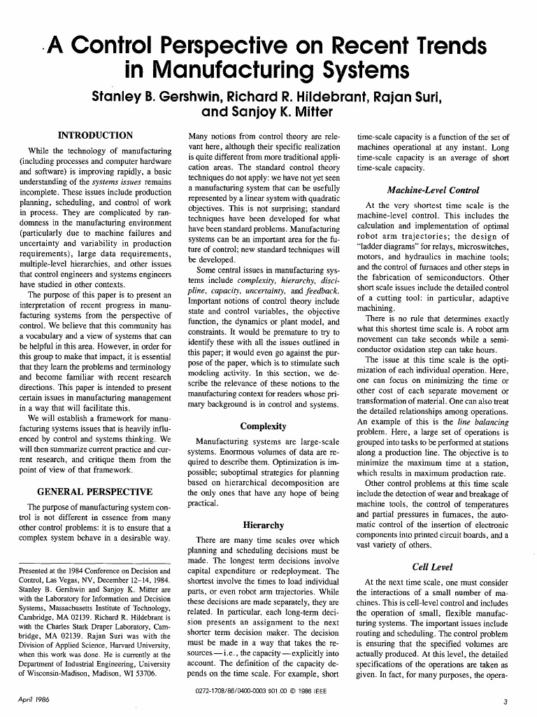 Control Perspective of Manufacturing Systems | PDF | Scheduling ...