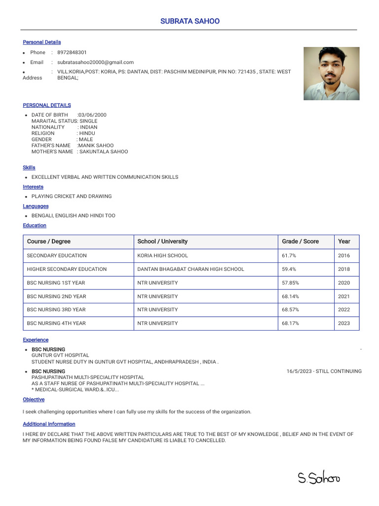 Subrata Sahoo's Nursing Resume | PDF