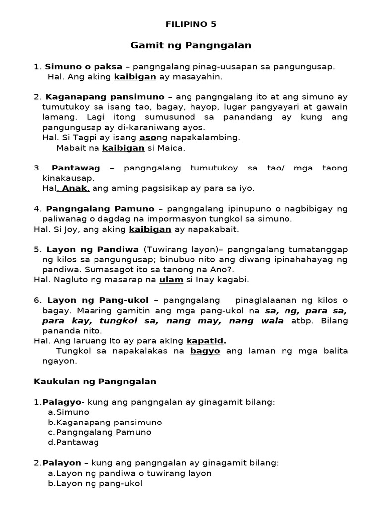 Filipino 5 - Notes - Gamit NG Pangngalan | PDF
