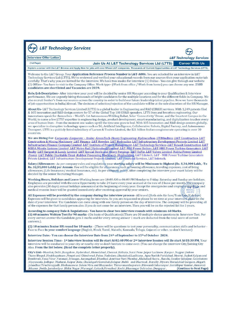 L&T Interview Letter.. | PDF