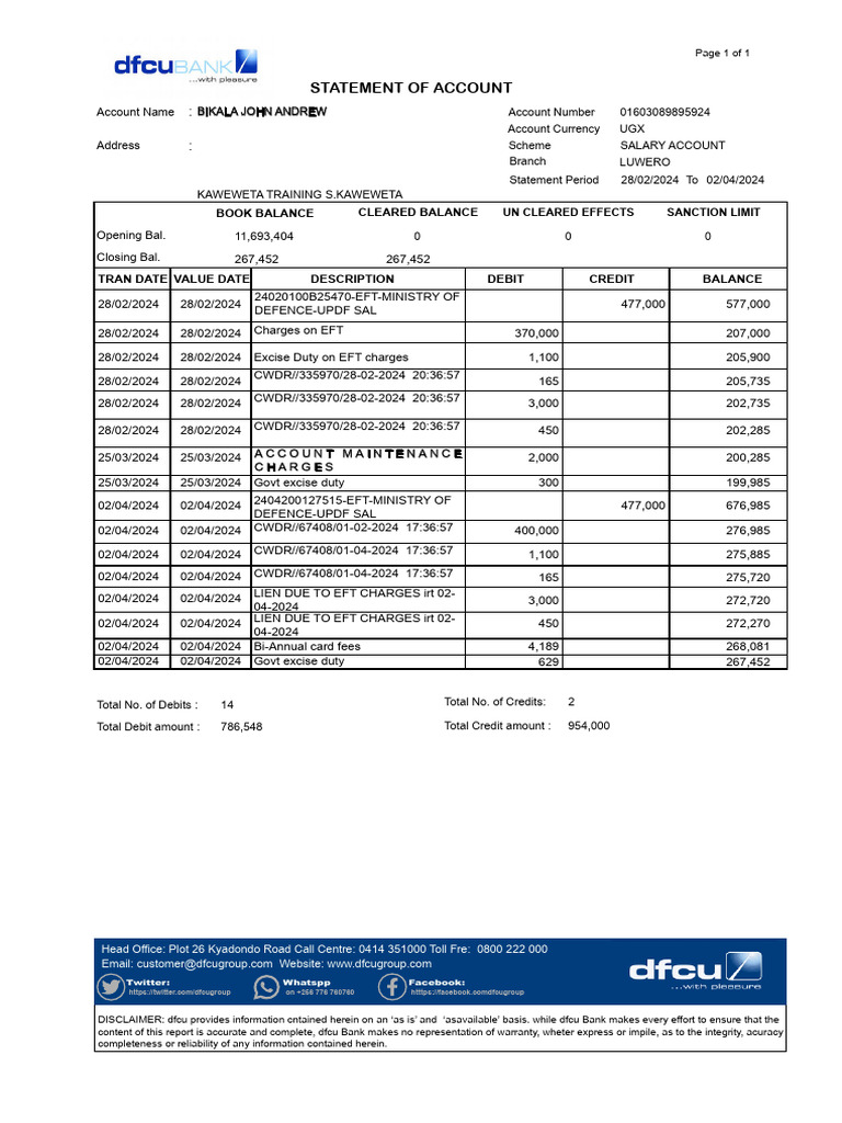 Bikala Dfcu Statement 2024 | PDF | Personal Finance | Financial Services