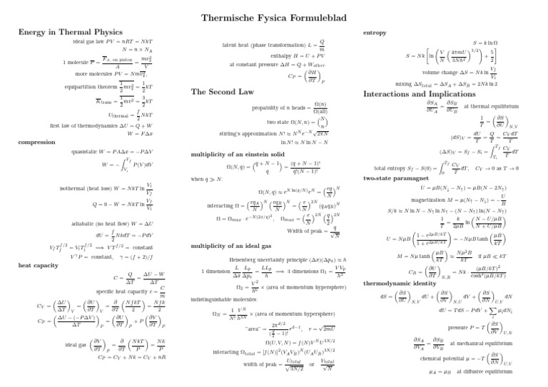 Thermische Fysica Formuleblad | PDF | Physical Quantities | Metrology