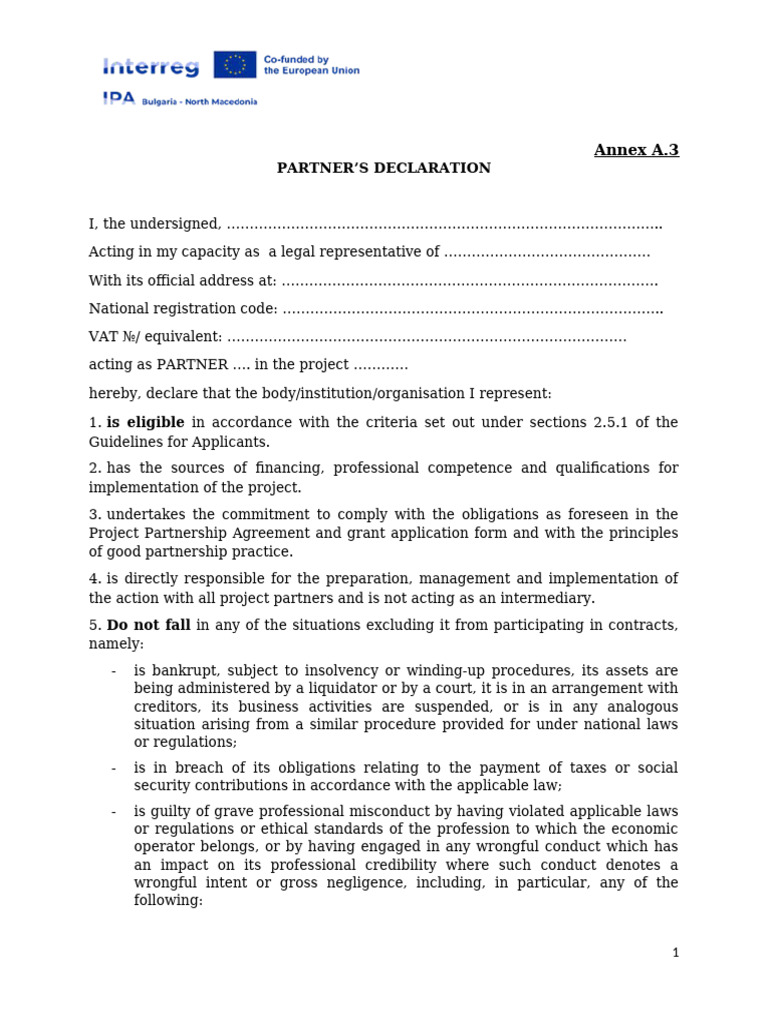Annex A3 Partner's Declaration | PDF | Audit | European Union