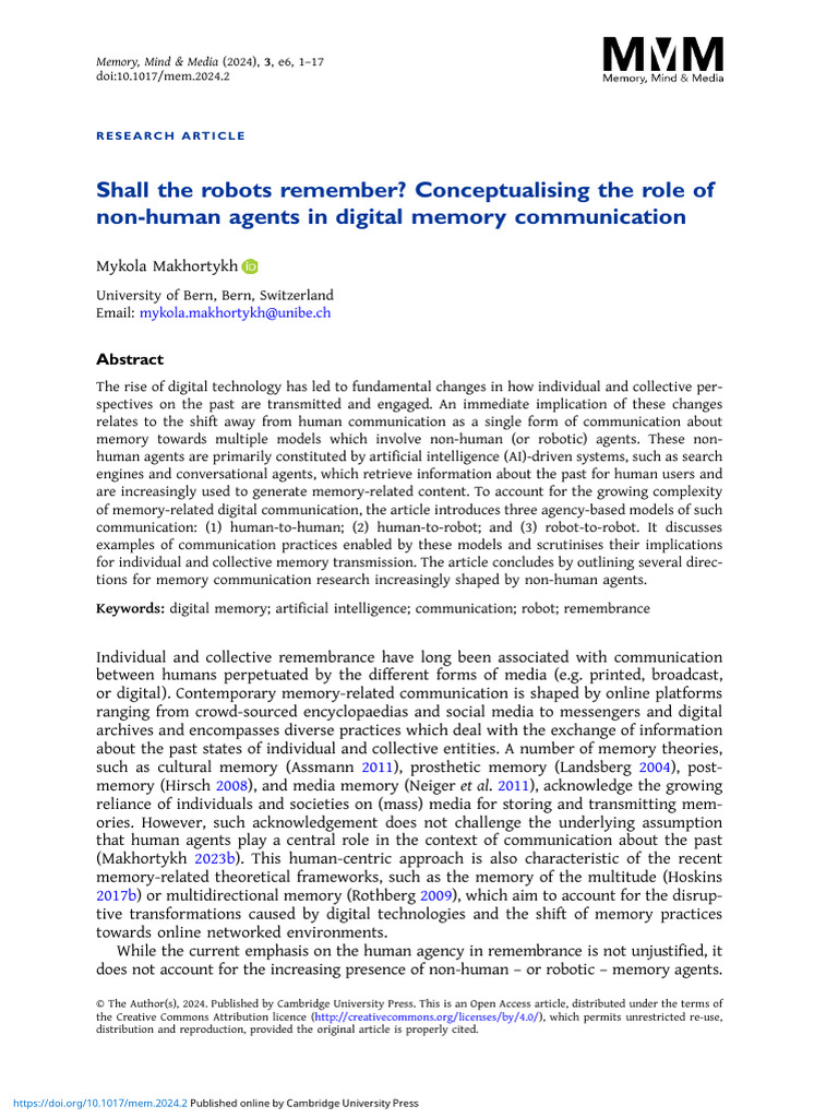 Shall The Robots Remember Conceptualising The Role of Nonhuman Agents in Digital Memory ...