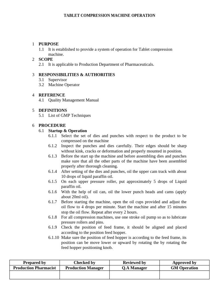 SOP For Operation of Compression Machines ZP 17 | PDF | Tablet ...