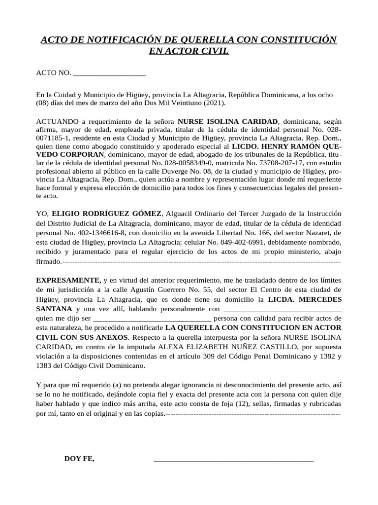 ACTO DE NOTIFICACIÓN DE QUERELLA (Tribunal) | PDF | Queja | Justicia
