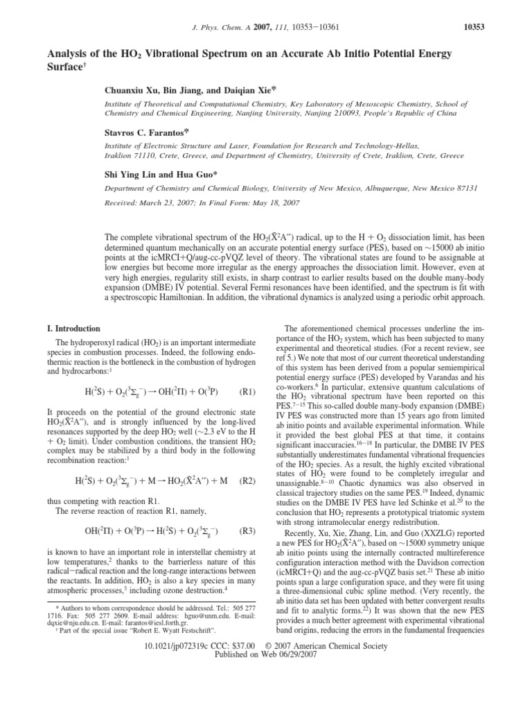 Chuanxiu Xu Et Al - Analysis of The HO2 Vibrational Spectrum On An Accurate Ab Initio Potential ...
