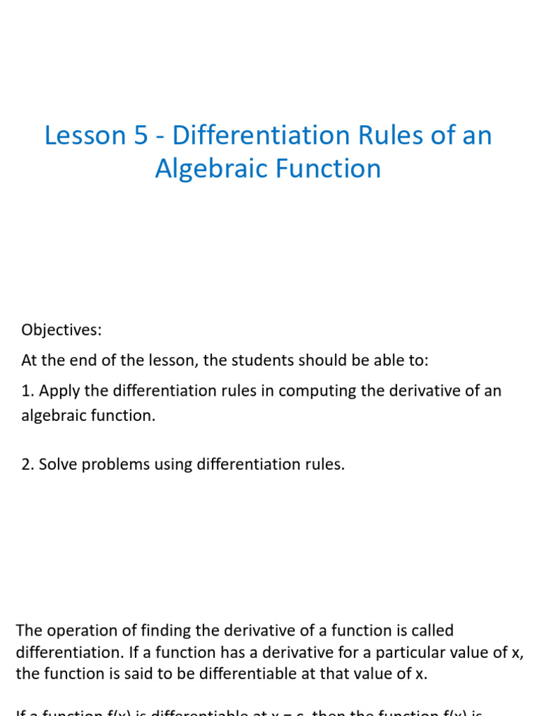 Basic Calculus Lesson 5 Differentiation Rules Of An Algebraic Function