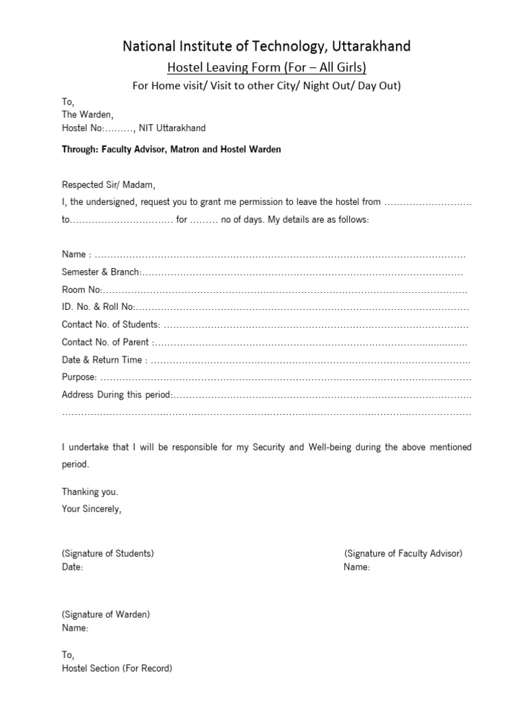 Hostel Leave Form (All Girls) (1) | PDF