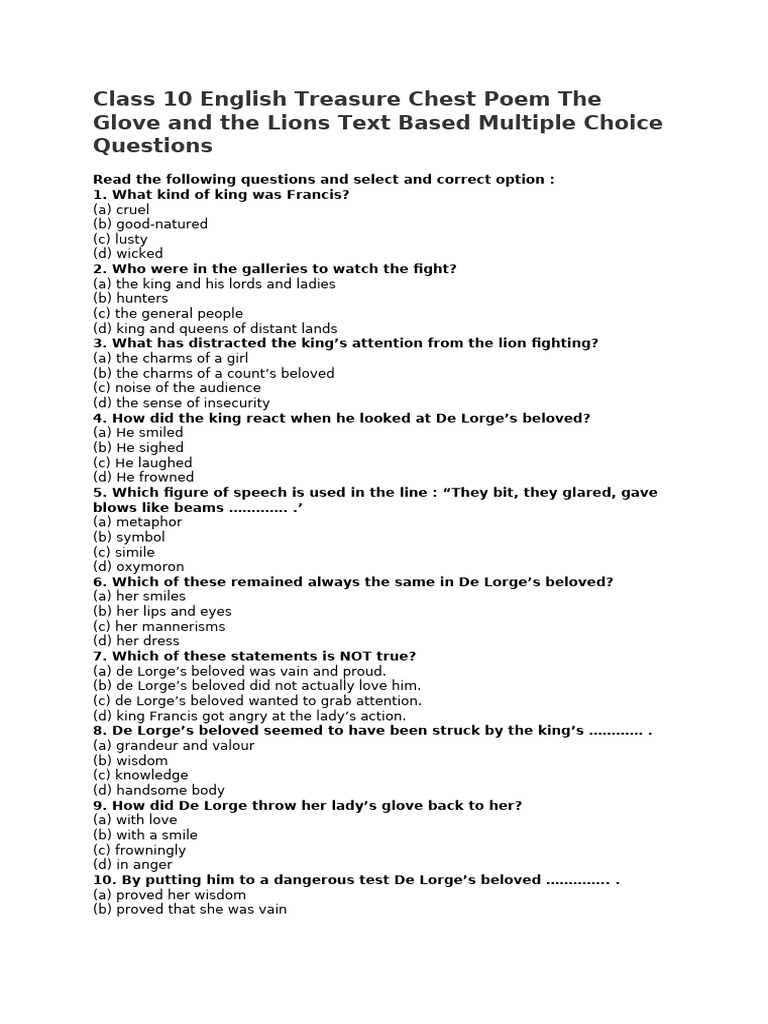 Class 10 English: The Glove and the Lions Quiz | PDF