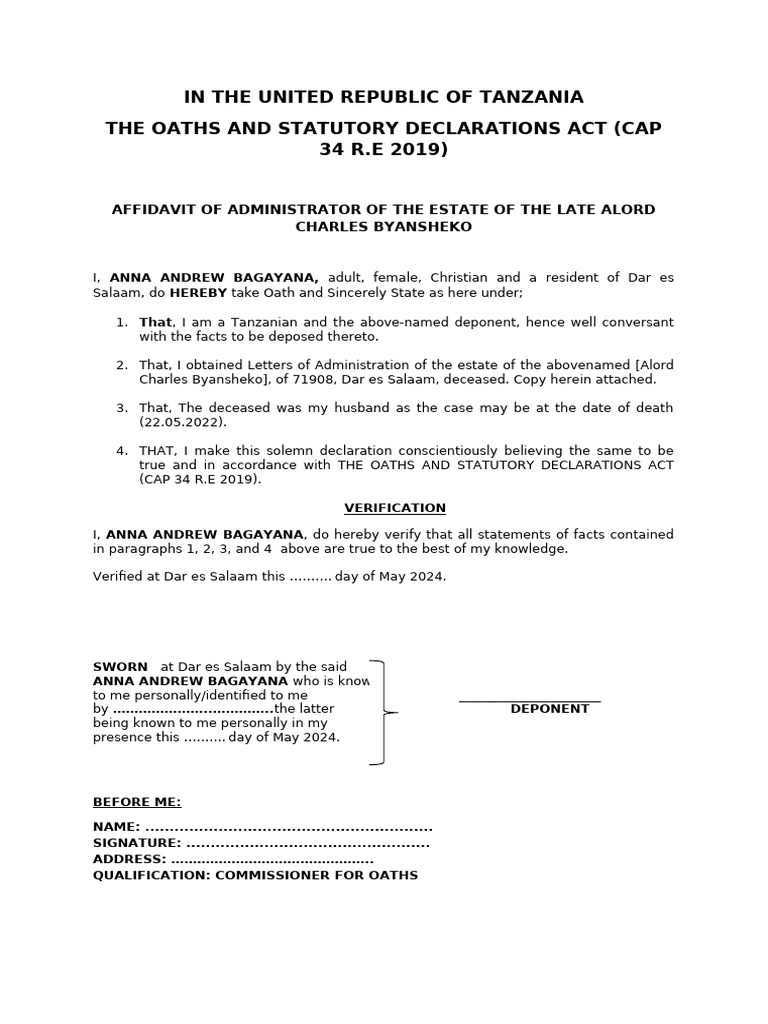 AFFIDAVIT OF ADMINISTRATOR OF THE ESTATE OF THE LATE ALORD CHARLES BYANSHEKO | PDF