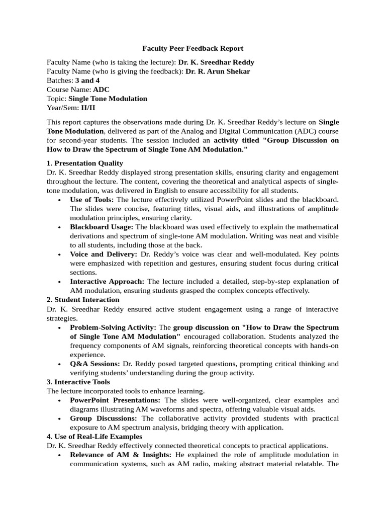 Faculty Peer Feedback Report16 - DR K. Sreedhar Sir | PDF | Learning | Lecture