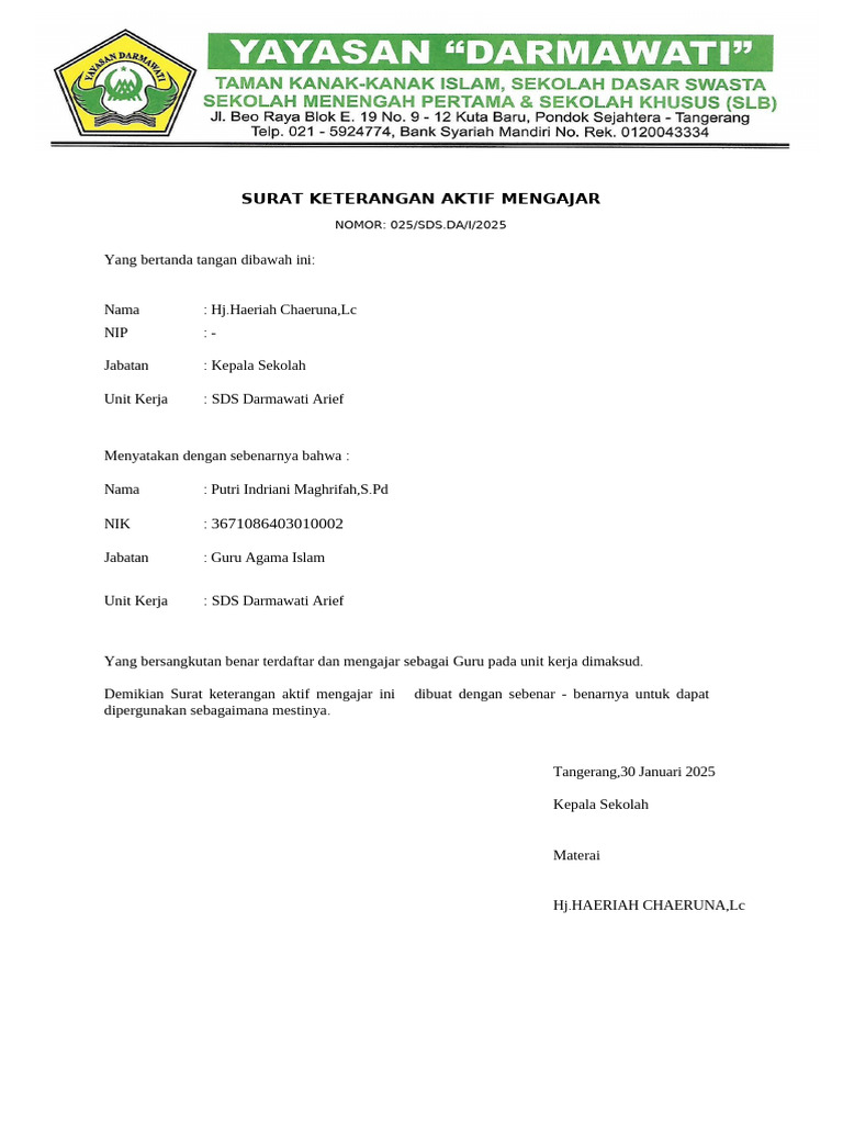 Surat Keterangan Aktif Mengajar Guru | PDF