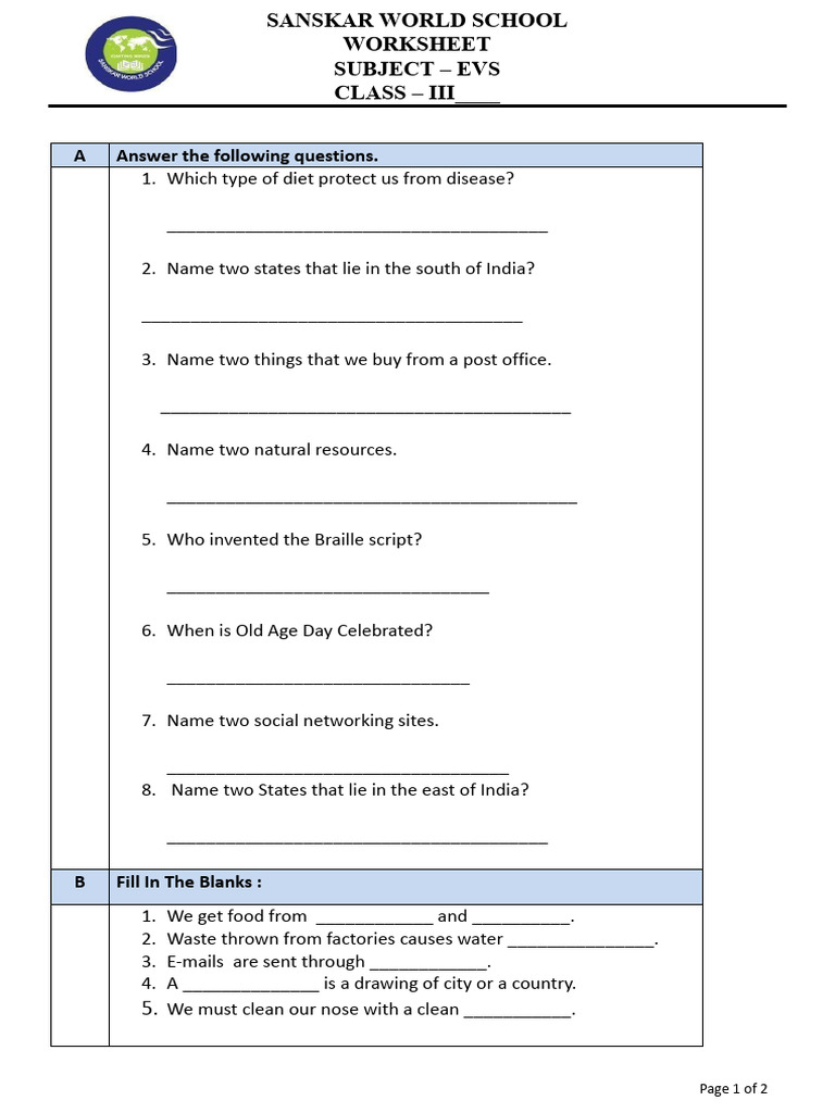 Evs Worksheet CL 3 | PDF