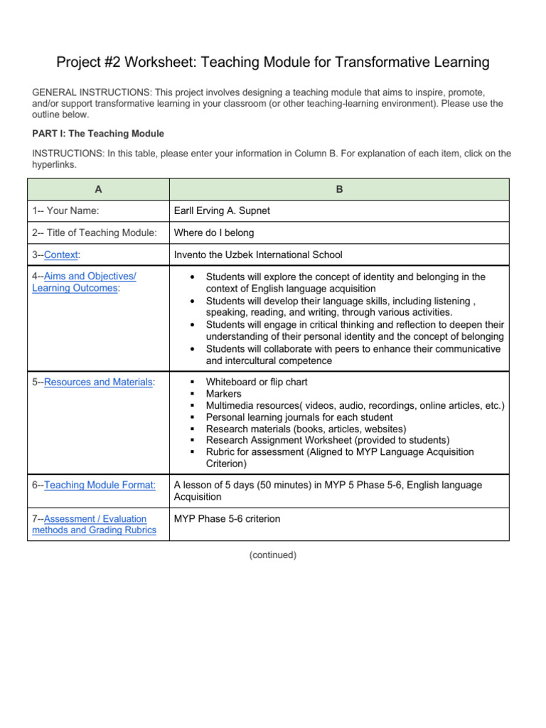 Project 2 Worksheet-Teaching - Module - For - Transformative - Learning ...