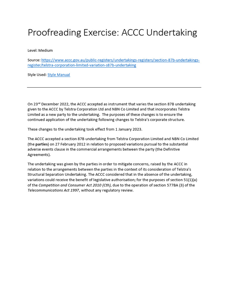 Proofreading Exercise ACCC Undertaking | PDF