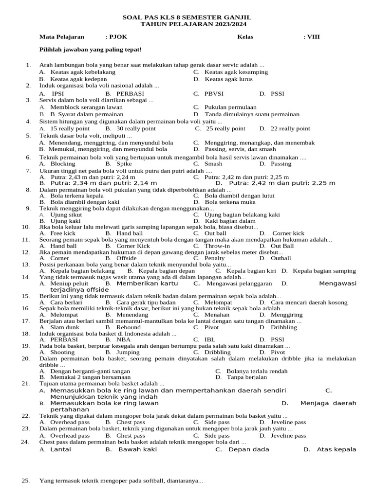 Soal PAS PJOK Ganjil Kls 8 20232024 | PDF