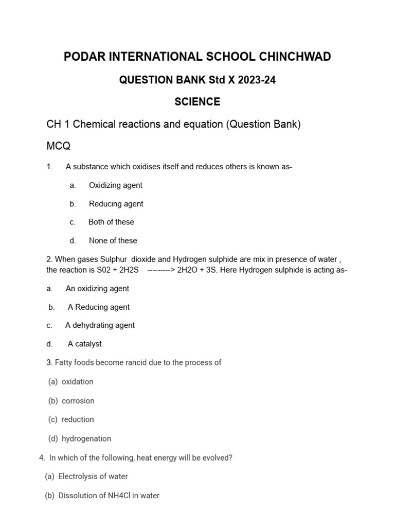 2023-24 Question Bank Science - X | PDF | Chemical Compounds | Acid