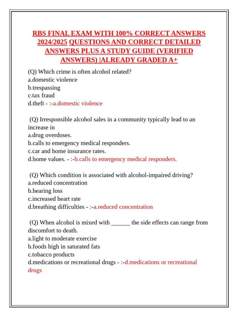 RBS FINAL EXAM WITH 100 | PDF | Alcohol Intoxication | Drink