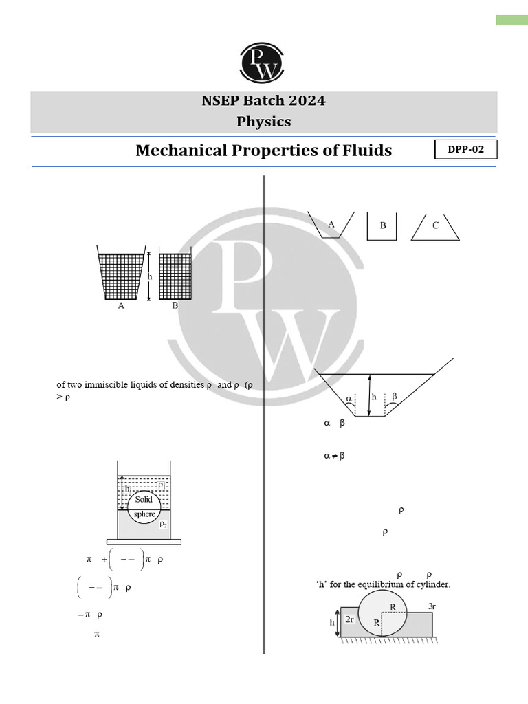Mechanical Properties of Fluids - DPP 02 (Extra) - NSEP Batch 2024 | PDF | Force | Pressure