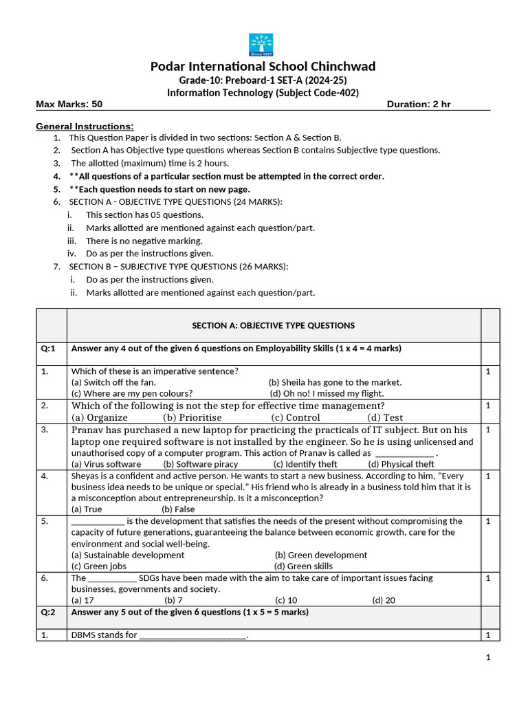 1735028798086.preboard-1 Set-A QP Grade-10 It-402 2024-25 | PDF ...