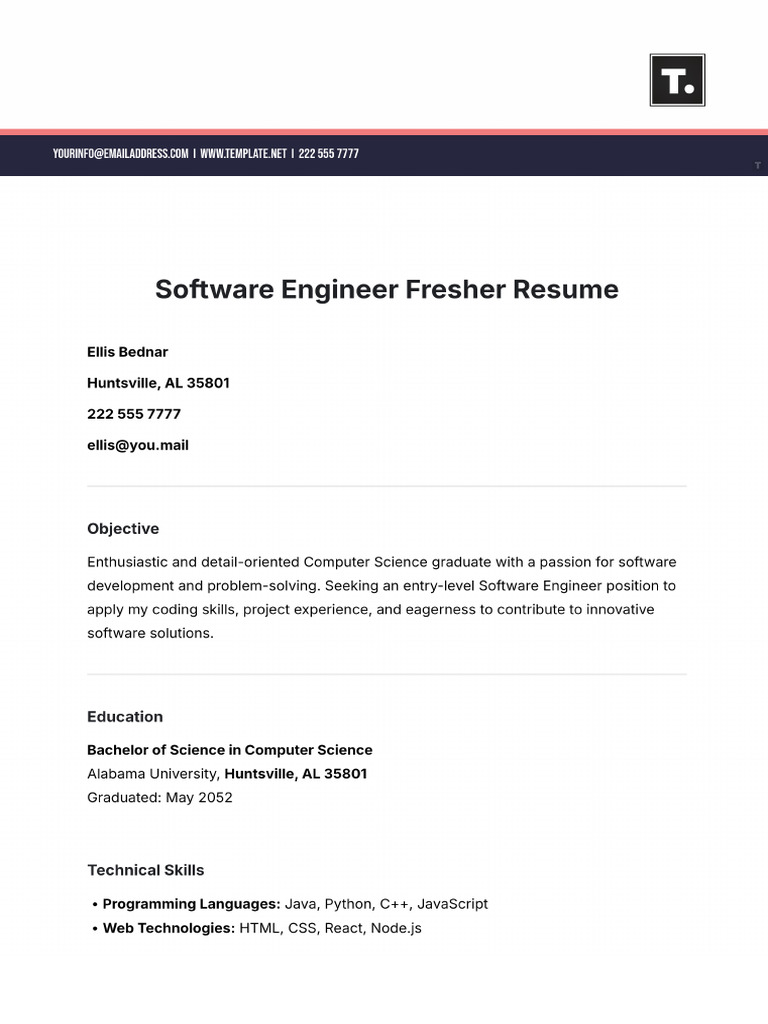 Software Engineer Fresher Resume Template | PDF