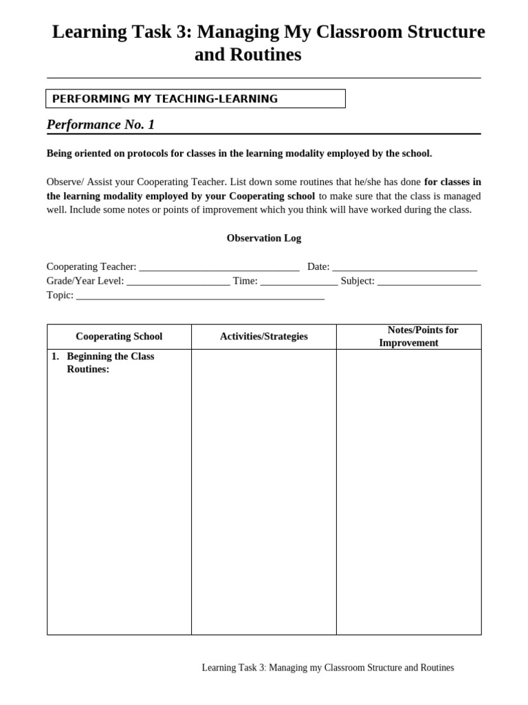 Ing Task 3 - Managing My Classroom Structure and Routines | PDF | Learning | Classroom