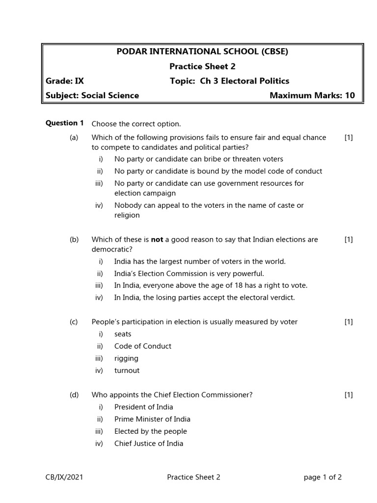 1707720400783.QP - CBSE - IX - SS - CH 3 - Electoral Politics - Practice Sheet - 2 | PDF ...