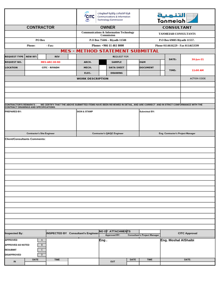 2021-06-21 Citc - Mes - Method Statement Submittal | PDF
