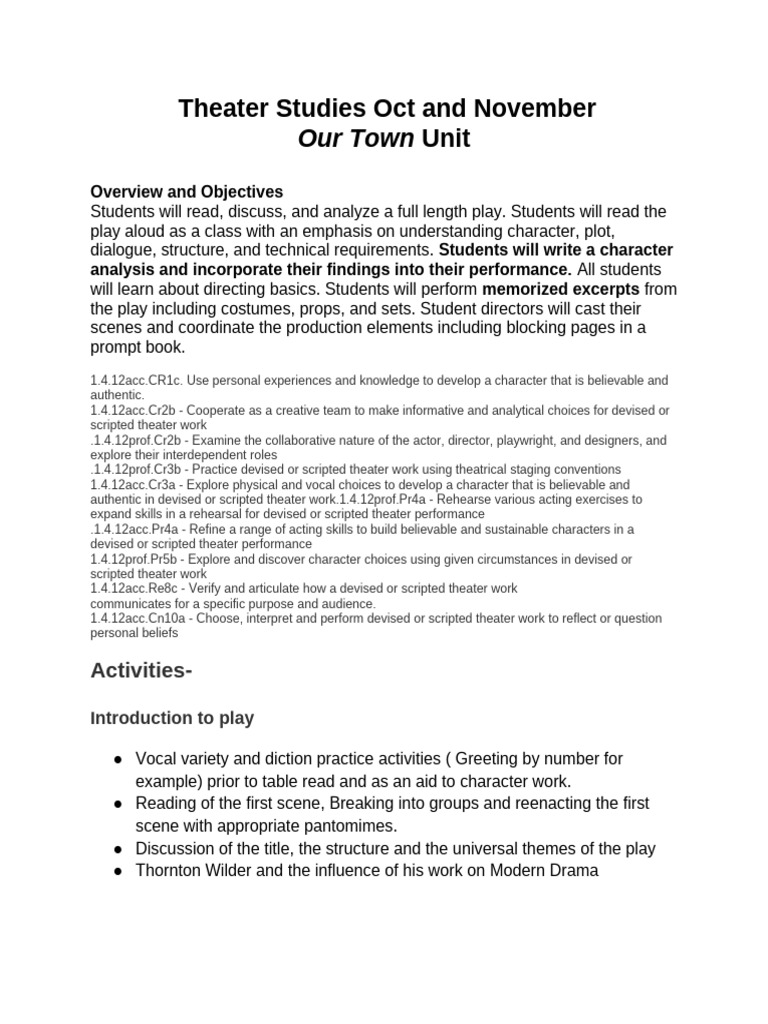 Our Town Thheater Studies Lesson Plan 2024 | PDF | Theatre | Learning