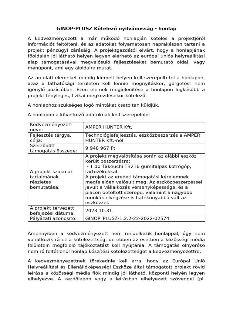 GINOP PLUSZ Honlap - Amper Hunter Kft. | PDF