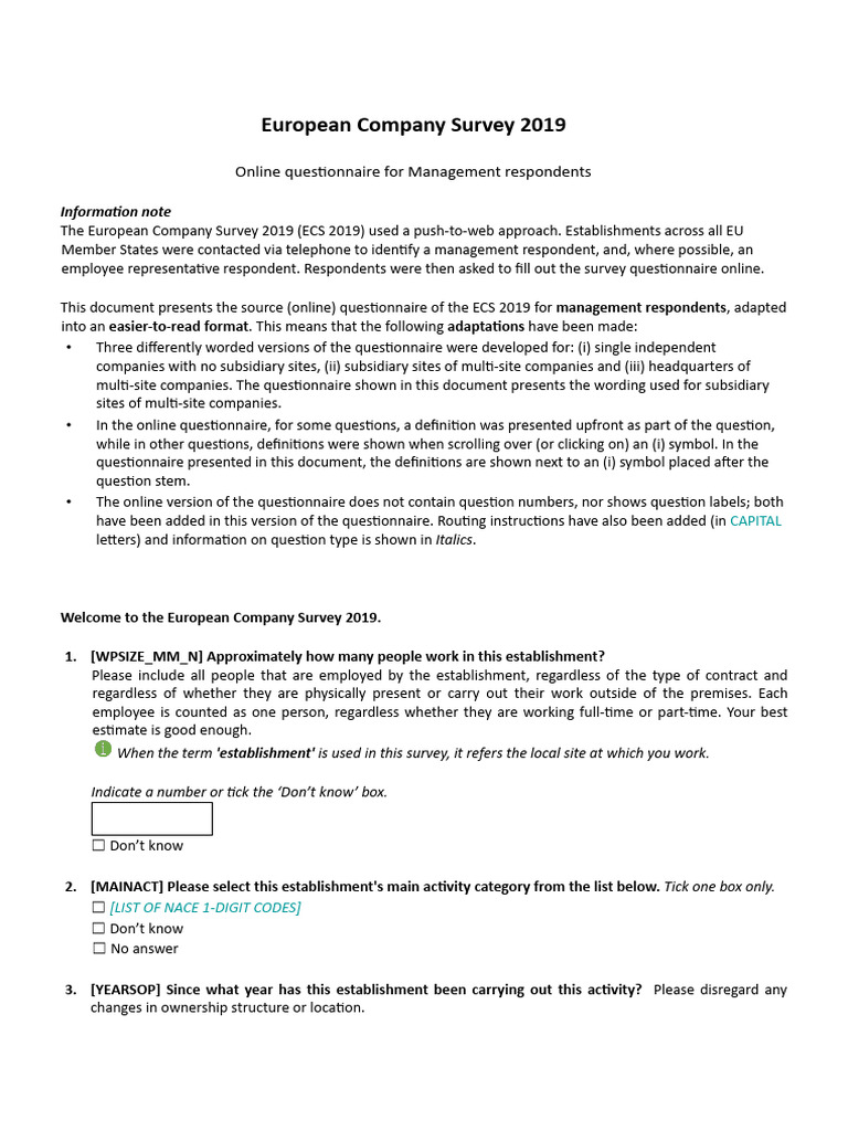 ecs_2019_-_mm_questionnaire_for_publication_-_clean_14_july_2020 | PDF | Employment | Trade Union