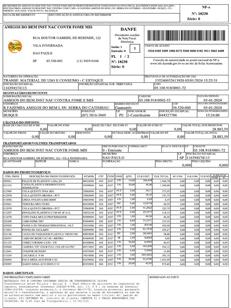 NF 18230 - Materiais Uso e Consumo Catimbau - Pedido de Transferencia ...
