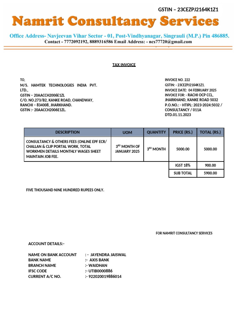 Invoice for Hamtek Technologies Pvt. Ltd. | PDF