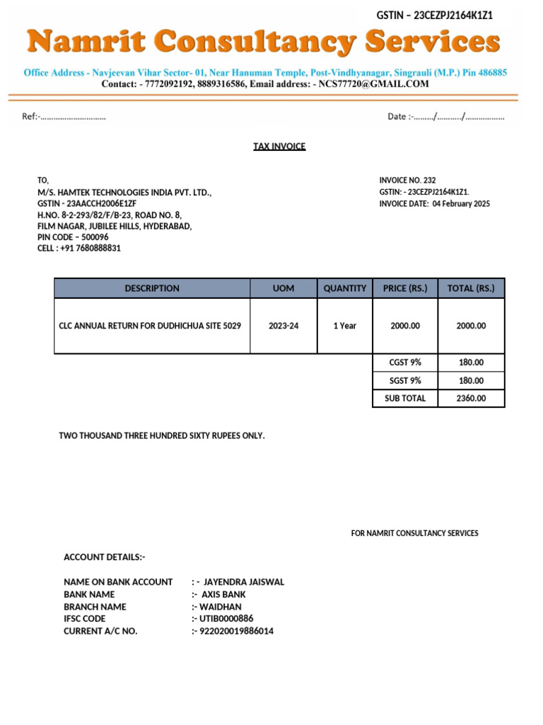 Hamtek Technologies - CLC Annual Return Tax Invoice Duddhichua - 2023 ...