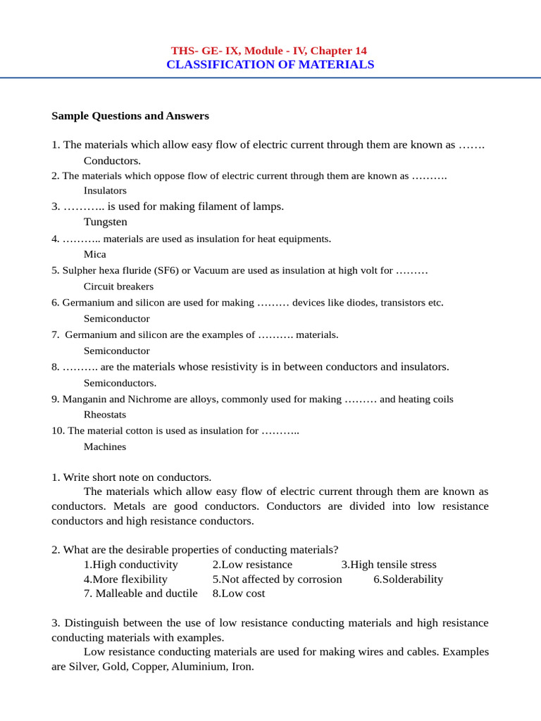 GE 9 Chapter 14 Classification of materials | PDF | Insulator (Electricity) | Electrical Conductor