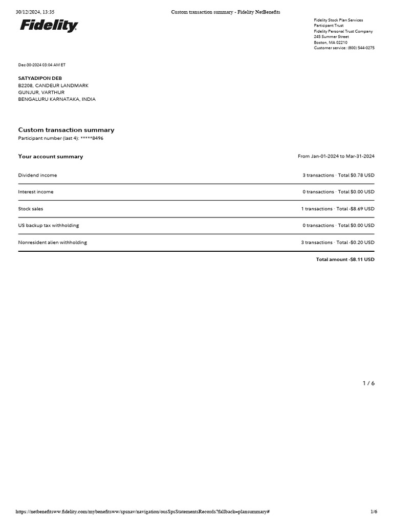 Custom Transaction Summary - Fidelity NetBenefits - 2024 | PDF ...