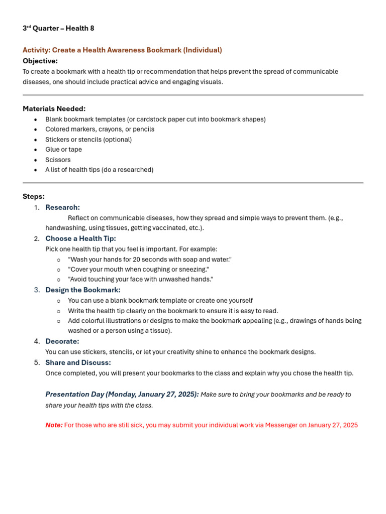 3Q - Health 8 Activity - Create A Health Awareness Bookmark | PDF