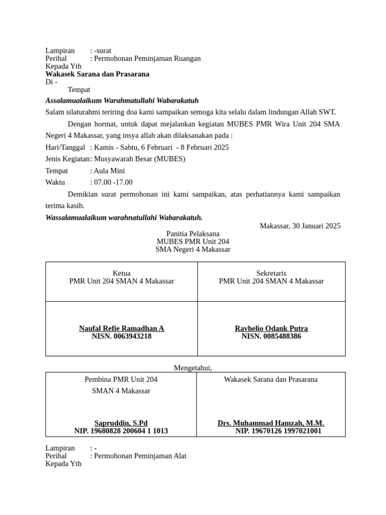 Surat Peminjaman MUBES Sekpat | PDF