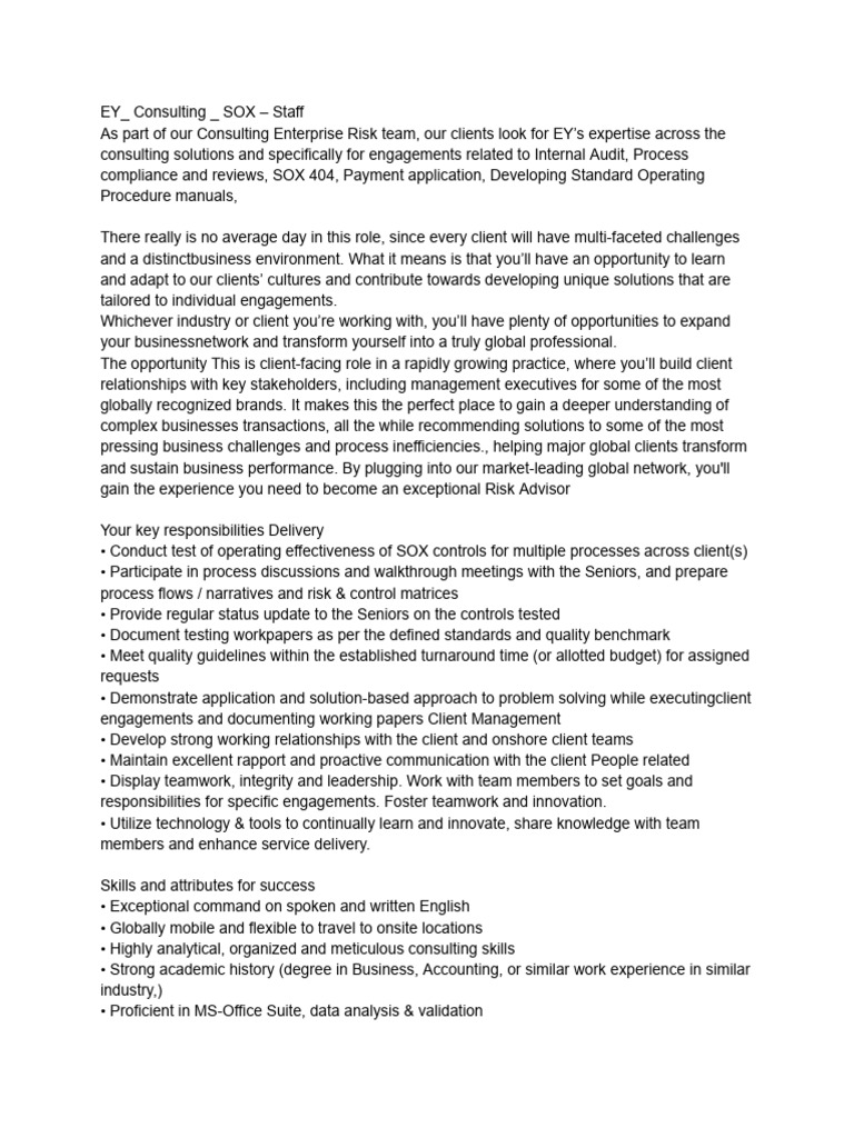 EY SOX Consulting Role Overview | PDF | Skill | Internal Audit