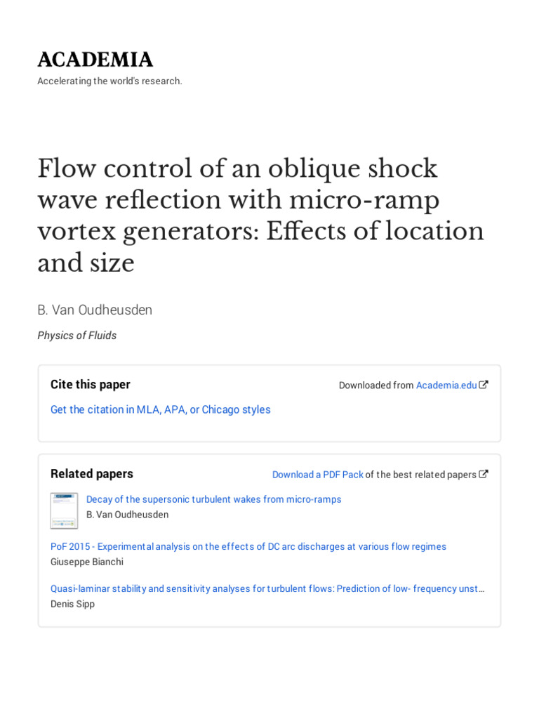 "Flow Control of An Oblique Shock Wave Reflection With Micro Ramp Vortex Generators Effect of ...
